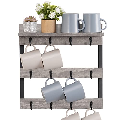 Honiter Coffee Mug Rack Wall Mounted, Rustic Wood Coffee Cup Holder ...