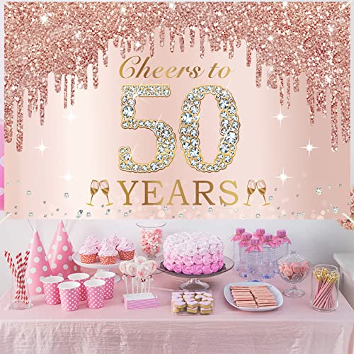 Large Cheers to 50 Years Birthday Decorations for Women, Pink Rose Gold Happy 50th Birthday ...