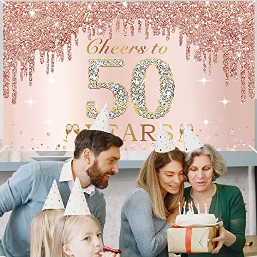 Large Cheers to 50 Years Birthday Decorations for Women, Pink Rose Gold Happy 50th Birthday ...