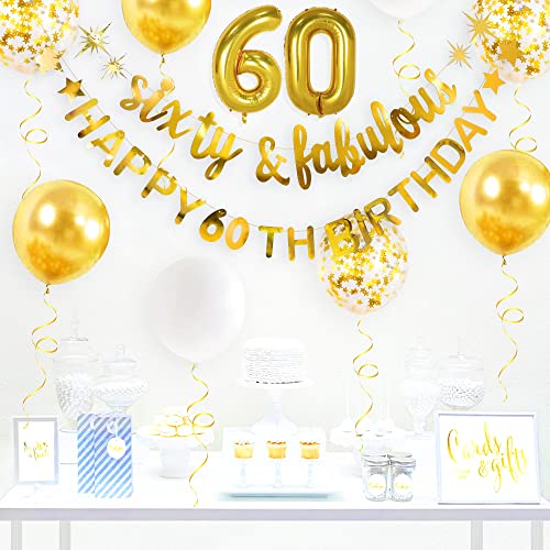 Gold Sixty & Fabulous Happy 60th Birthday Banner Garland Foil Balloon 60 for Womens 60th ...