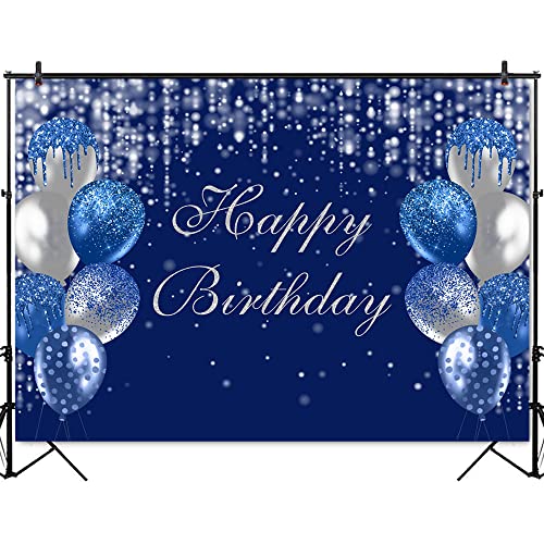 Mocsicka Royal Blue and Silver Happy Birthday Backdrop Blue Balloons Glitter Bokeh Dots ...