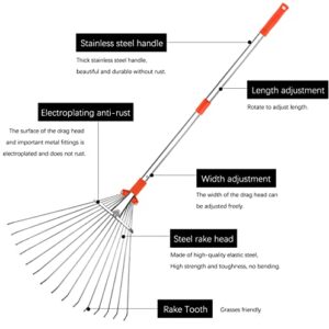 Buyplus Adjustable Garden Leaf Rake - 24 to 63 Inch Telescopic Metal ...