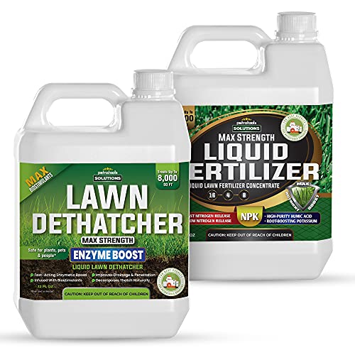 PetraTools Liquid Dethatcher (32oz) and Liquid 16-4-8 Lawn Fertilizer ...