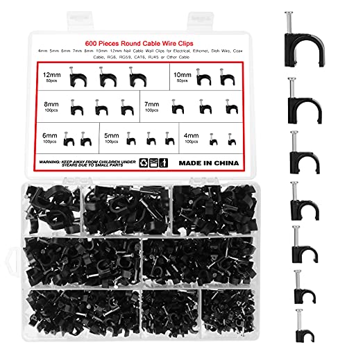 OCR 600pcs Circle Cable Clips with Steel Nail in Black Wire Clips 4mm ...