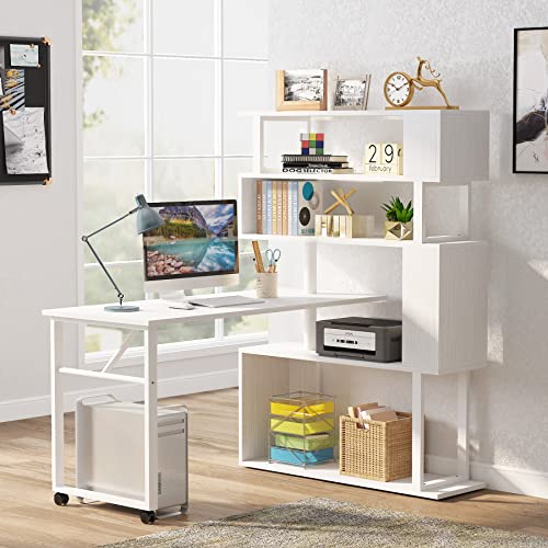 Tribesigns Rotating Computer Desk with 5 Shelves Bookshelf, Modern L ...