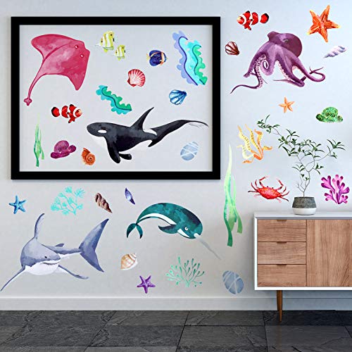4 Sheets Watercolor Ocean Creatures Wall Stickers Colorful Sea Life ...
