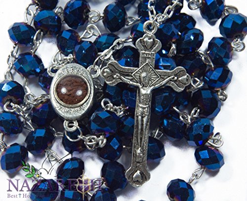 Saphire Blue Crystals Rosary Catholic Necklace With Cross and Holy Soil ...