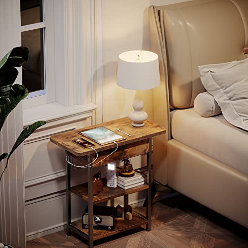 End Table with Charging Station, Narrow Side Table with USB Ports and ...