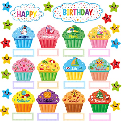 64 Pcs Happy Birthday Bulletin Board Set Bright Cupcake Cut-Outs for ...