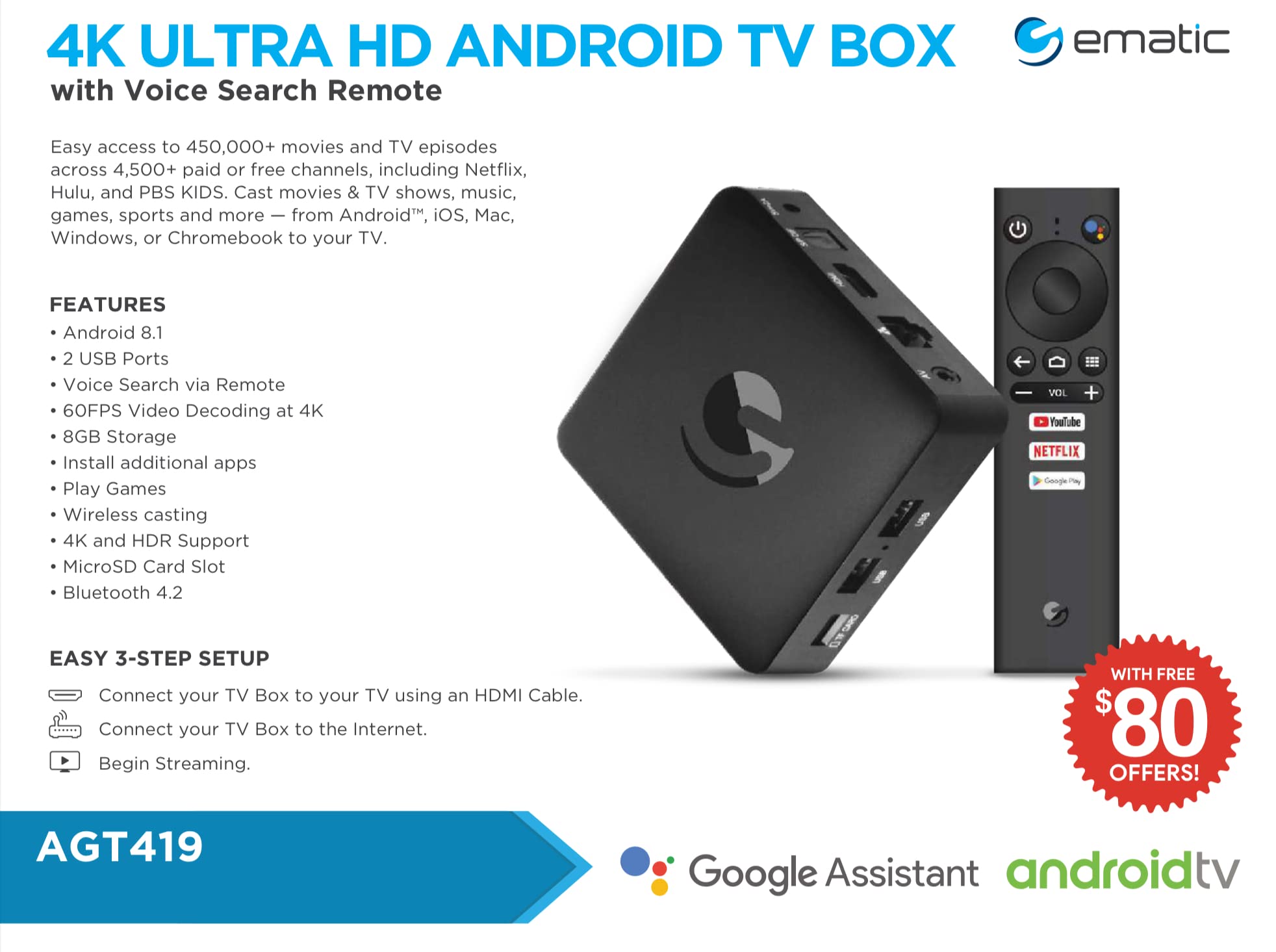 Ematic 4K Ultra HD Android TV Box with Built-in Chromecast + Netflix ...