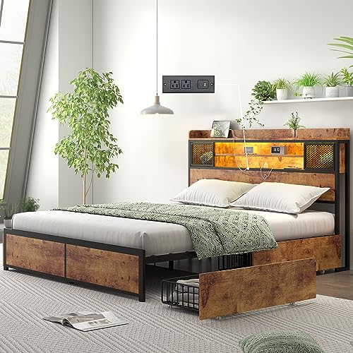 Gyfimoie Queen Bed Frame with 4 Storage Drawers, LED Bed Frame with ...
