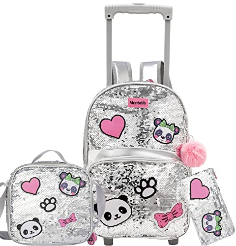 JSMNIAI Girls Rolling Backpack Sequin Panda Rolling Wheels Backpacks ...