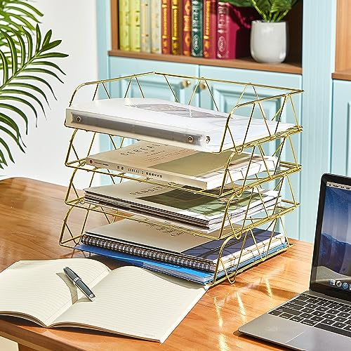 Yeaqee 4 Tier Stackable Paper Tray Gold Desk Organizer Rack Metal ...
