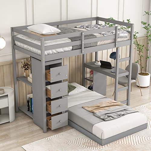 Polibi Twin Over-Twin Bunk Bed with Built-in Desks, Drawers and Shelves, Twin Size Wooden Loft ...