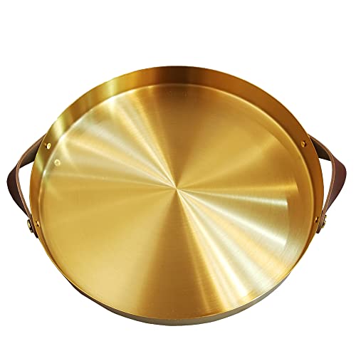 12 Inch Round Golden Tray with Brown Handle, Metal Vanity Tray with ...
