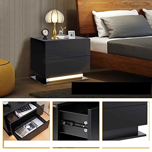 HIGOH Bedside Table Nightstand with High Gloss Drawer Led Bedside Table ...