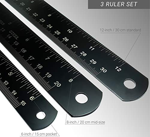 Steel Black Metal Ruler Set - 12, 8, 6 Inch Measuring Kit - Straight ...