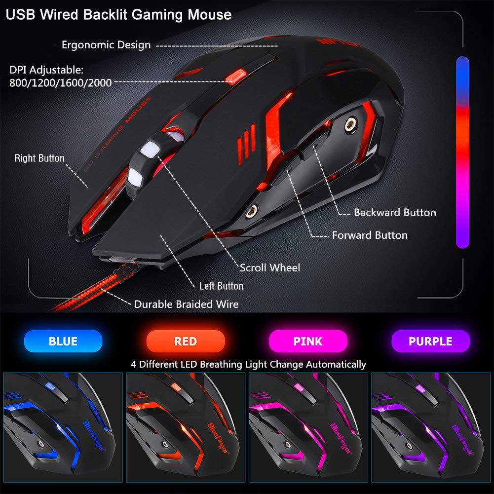 BlueFinger RGB Gaming Keyboard and Backlit Mouse Combo, USB Wired, LED ...