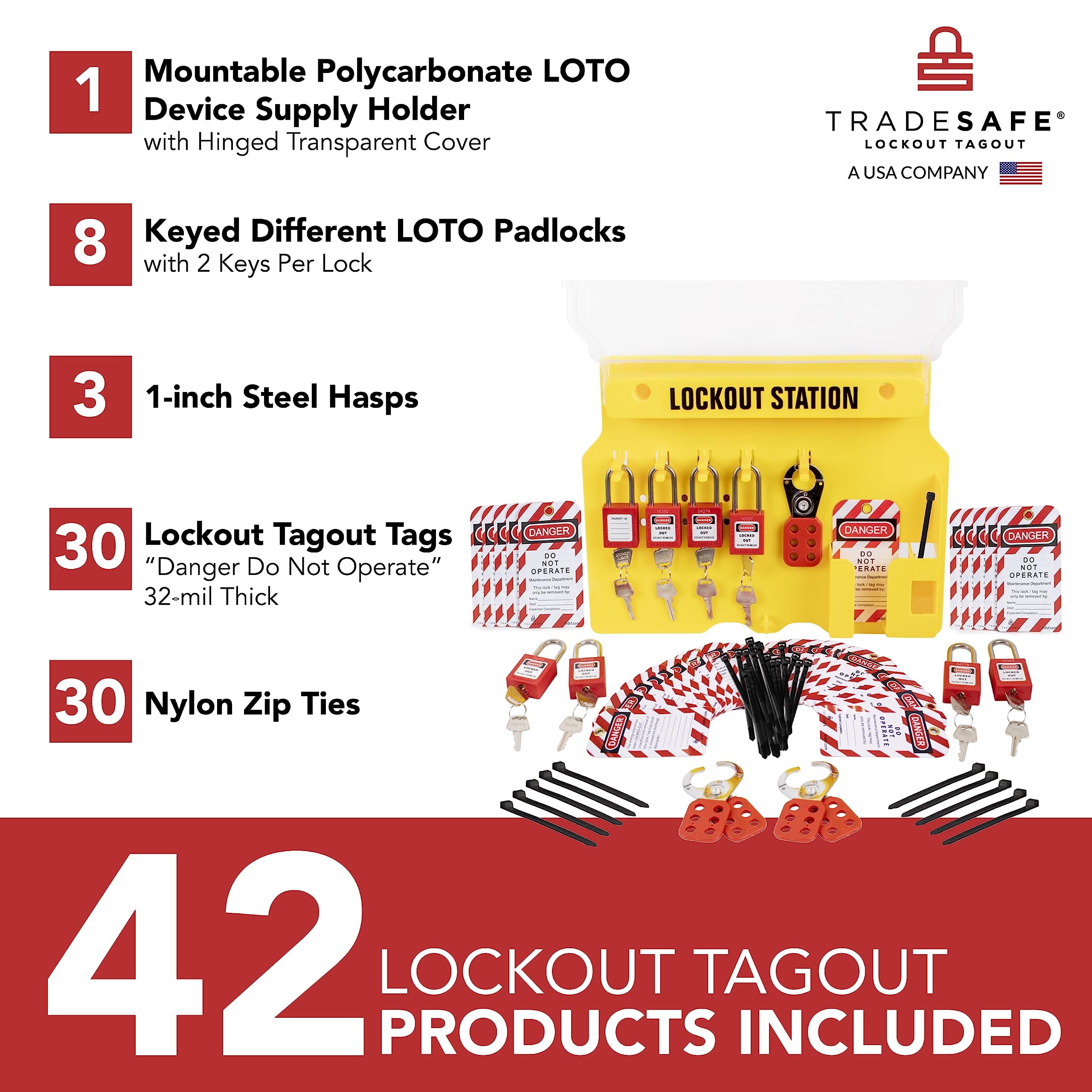 TRADESAFE Lockout Tagout Station with Loto Devices - Lock Out Tag Out Kit Board Includes 8 Pack ...