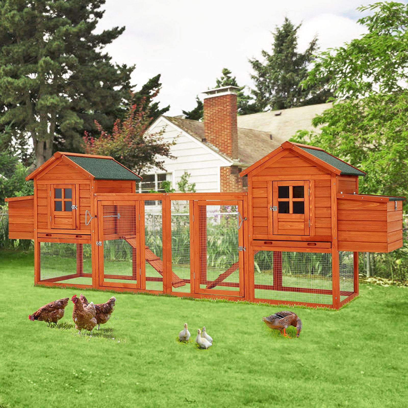 Esright 144” Large Wooden Chicken Coop, Outdoor Hens House with Ramps ...