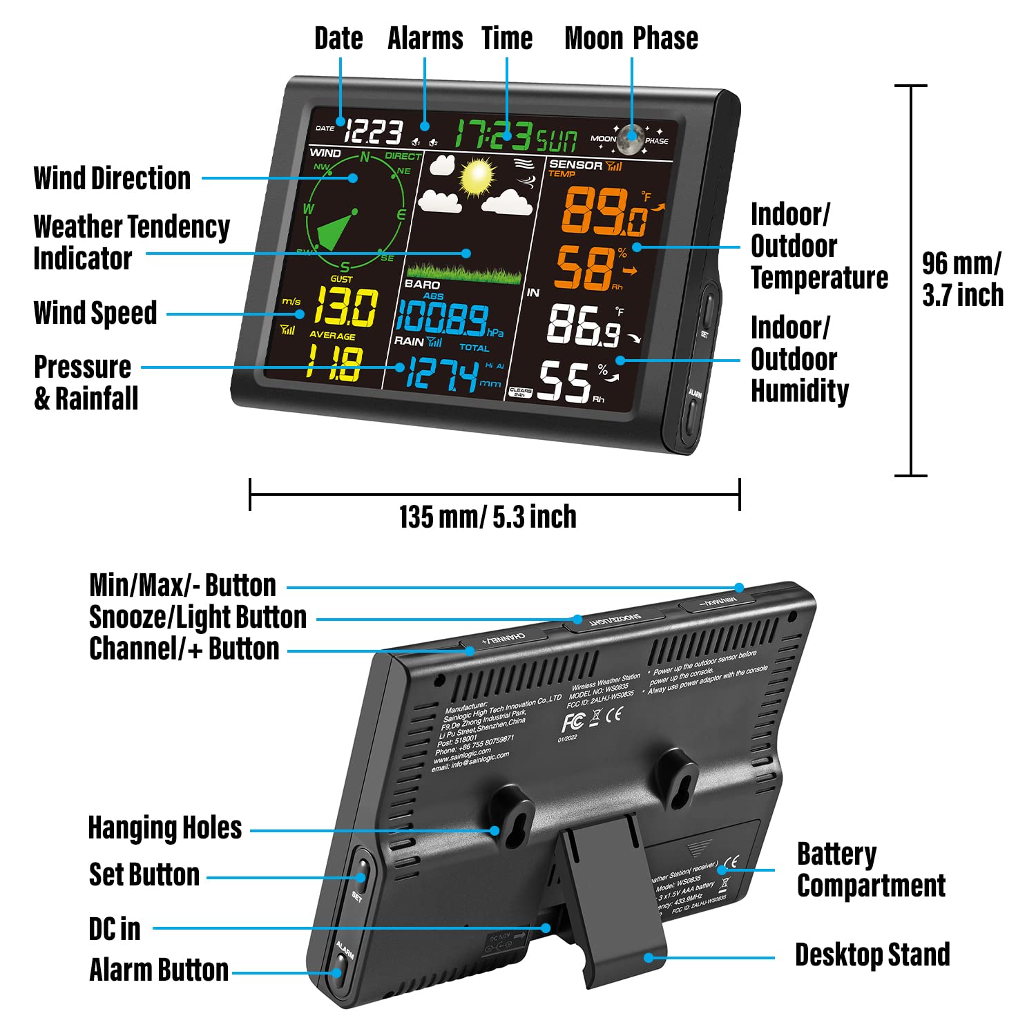 sainlogic Wireless Weather Station with Outdoor Sensor, 8-in-1 Weather ...