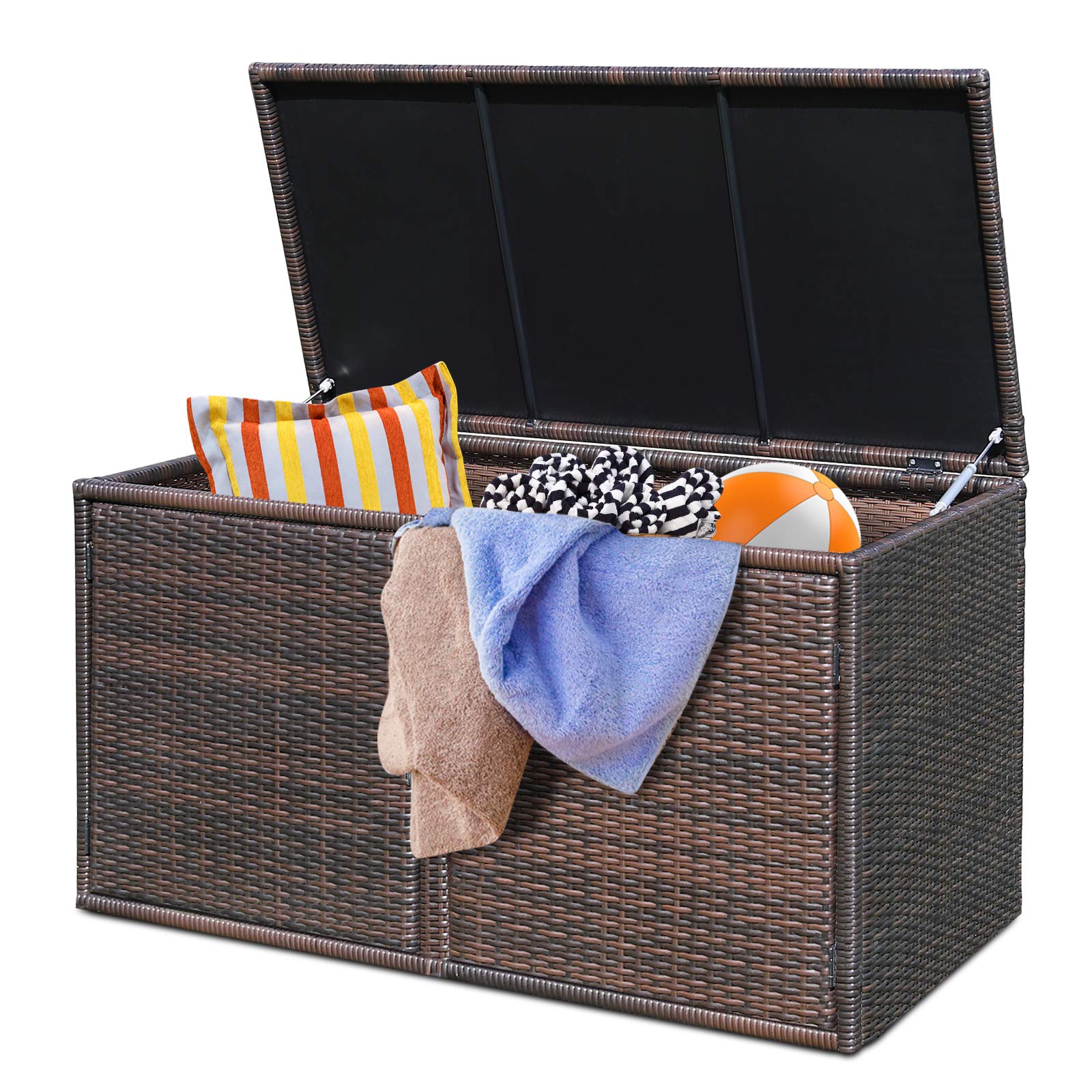 Tangkula Outdoor Wicker Storage Box, Garden Deck Bin with Steel Frame ...