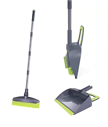 Adjustable Rubber Push Broom and Dustpan Set,Self Cleaning Indoor Outdoor Angle Brooms with Dust ...