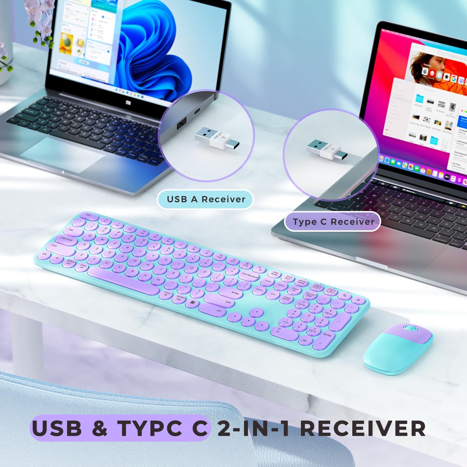 Purple Wireless Keyboard and Mouse, seenda USB/Type C Wireless Keyboard ...