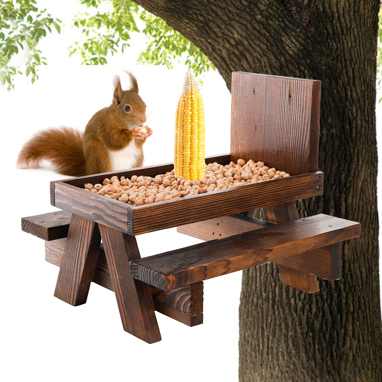 YOUEON Wooden Squirrel Feeder with Corn Holder, Squirrel Picnic Table ...
