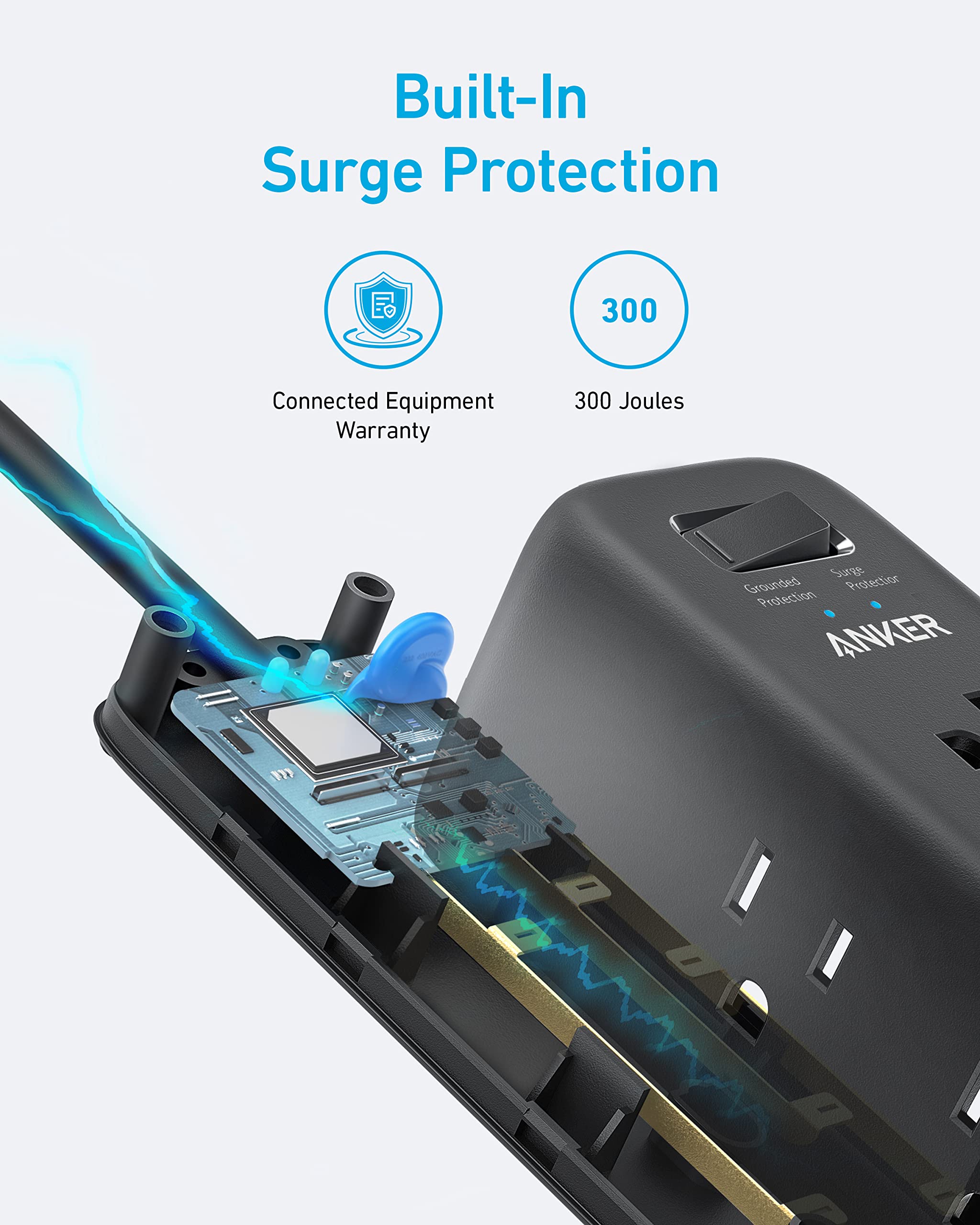 Anker USB Power Strip Surge Protector(300J), 5ft Extension Cord, Flat Plug, 331 Power Strip with ...