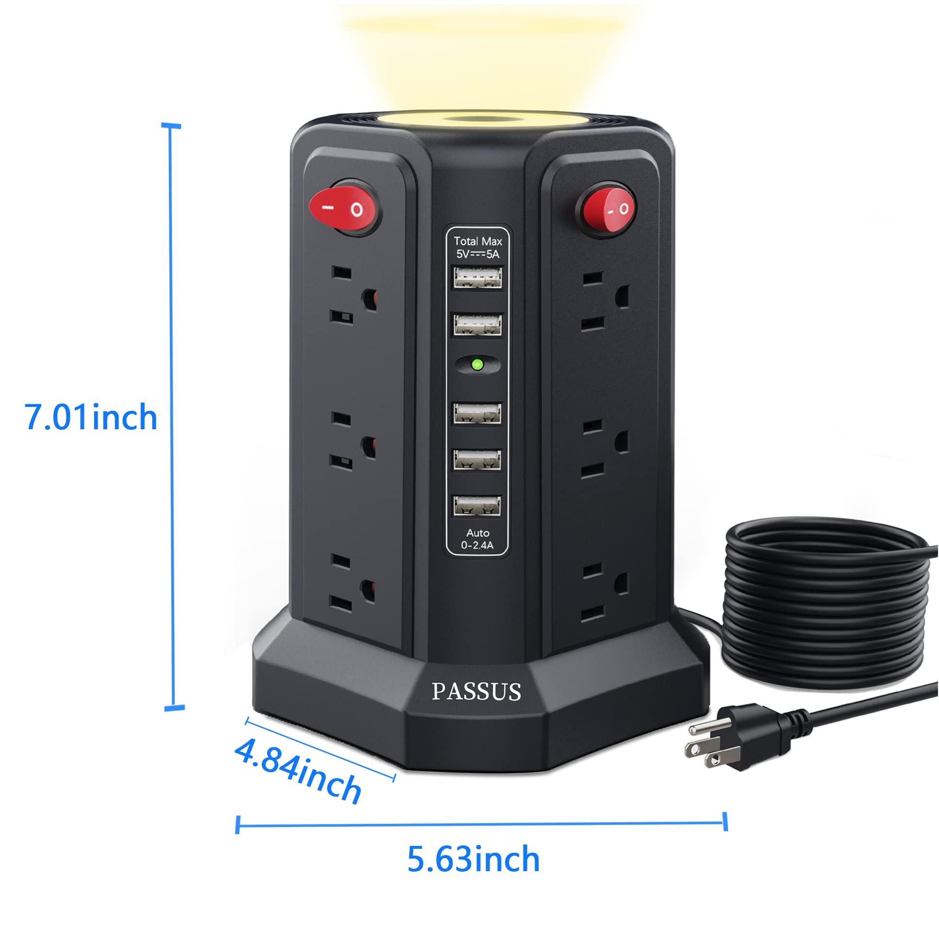 Surge Protector Power Strip Tower with 5 USB Ports and Night Light ...
