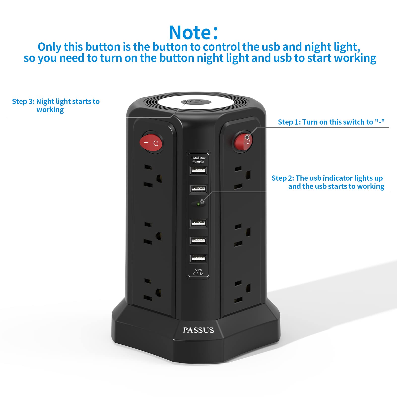 Surge Protector Power Strip Tower with 5 USB Ports and Night Light ...