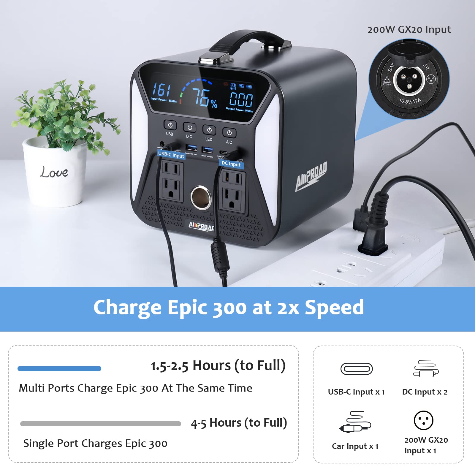 AMPROAD Epic 300 Portable Power Station 300W, 300Wh Backup Power Supply ...