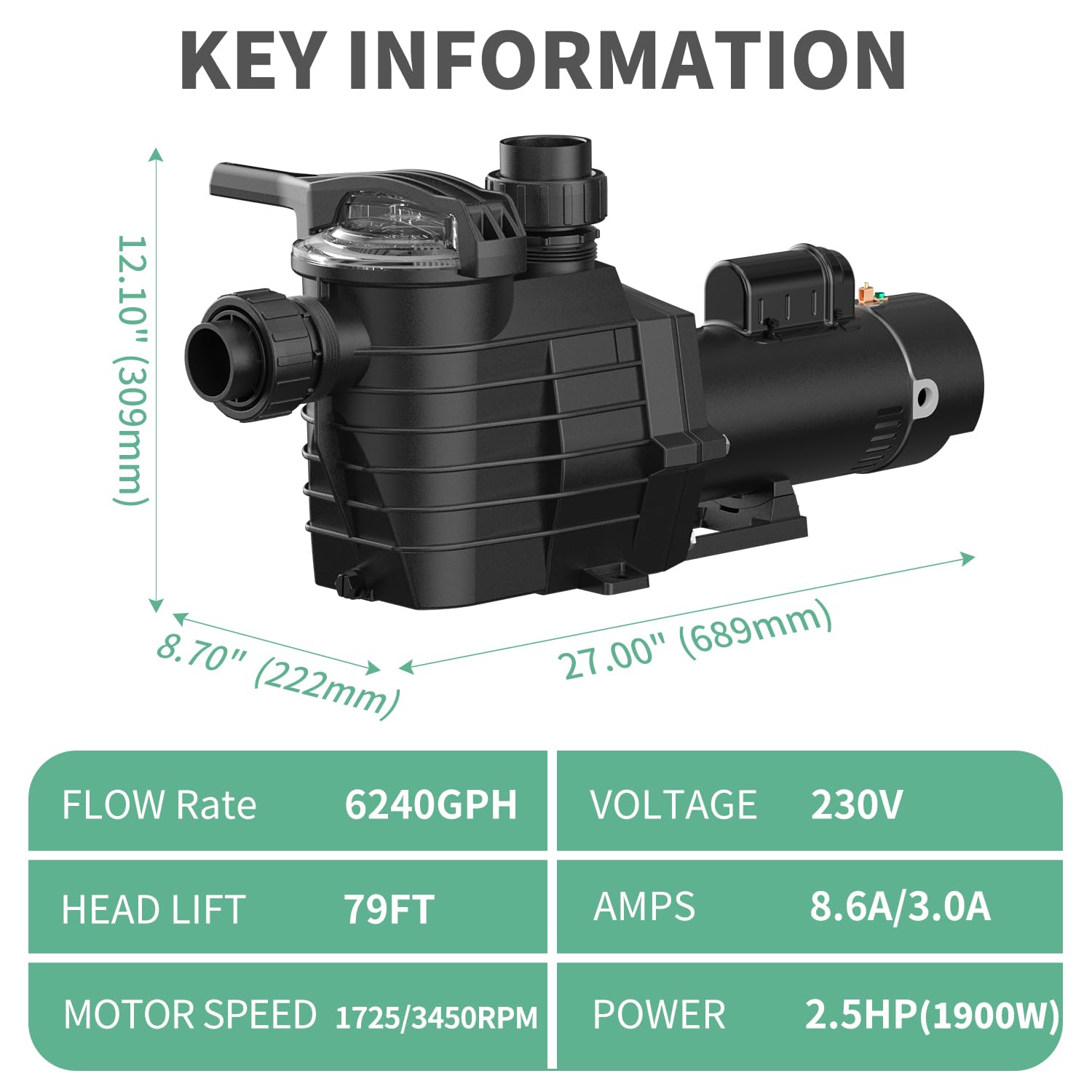 Pipopa 2.5hp Inground Pool Pump | 2-Speed Control | 6240GPH Flow | 79ft ...