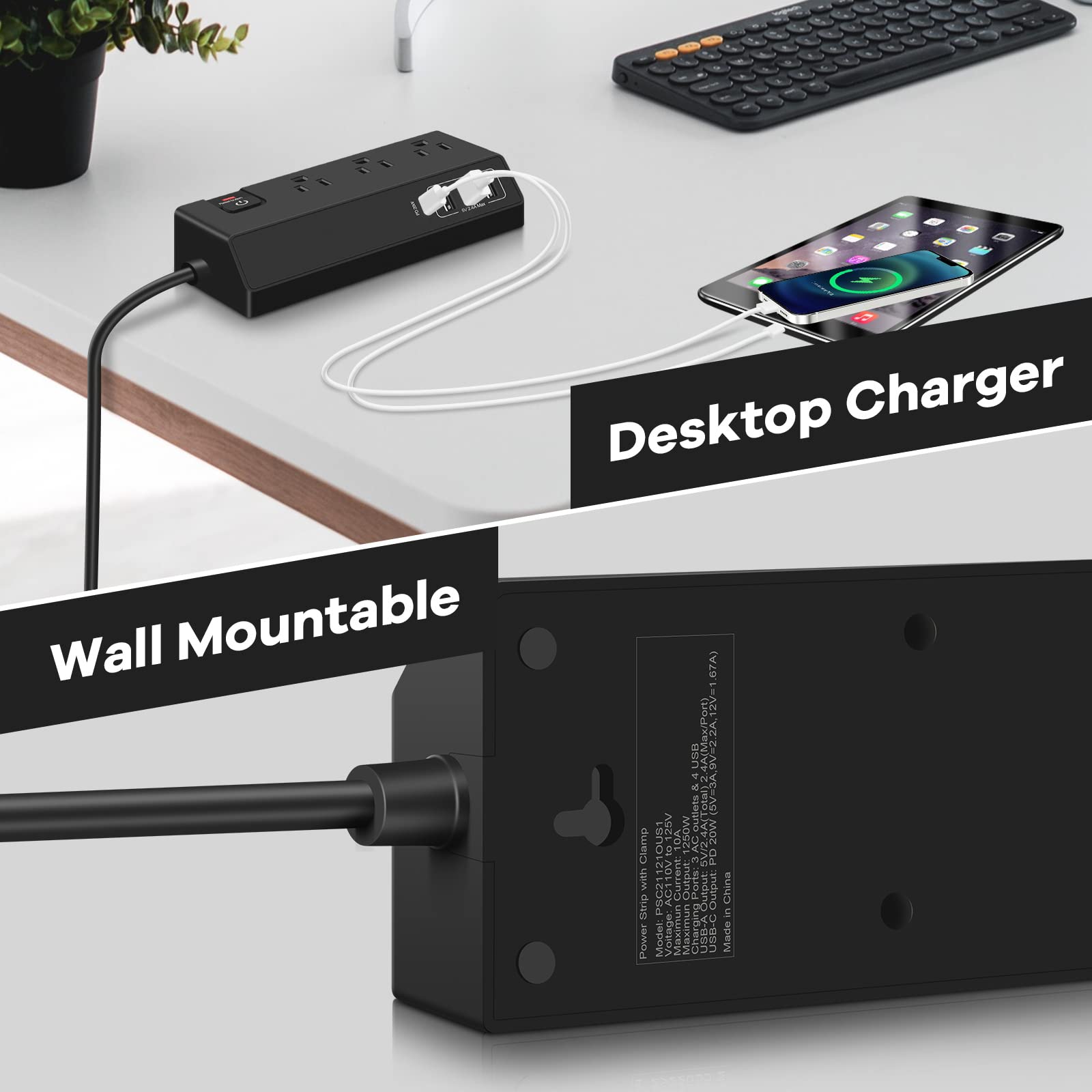 Desk Clamp Power Strip USB C (20W PD Fast Charging) - Desktop Surge ...
