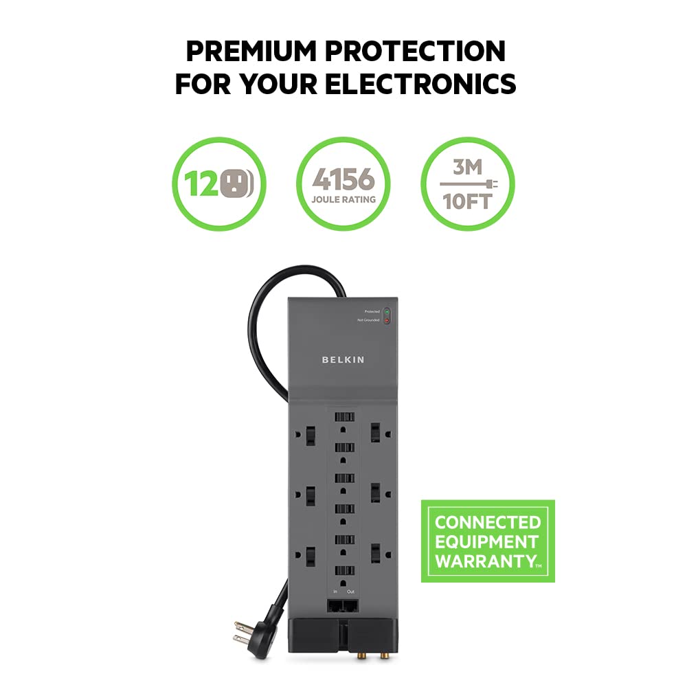 Belkin 8-Outlet Home and Office Surge Protector, 12ft Cord, Black ...