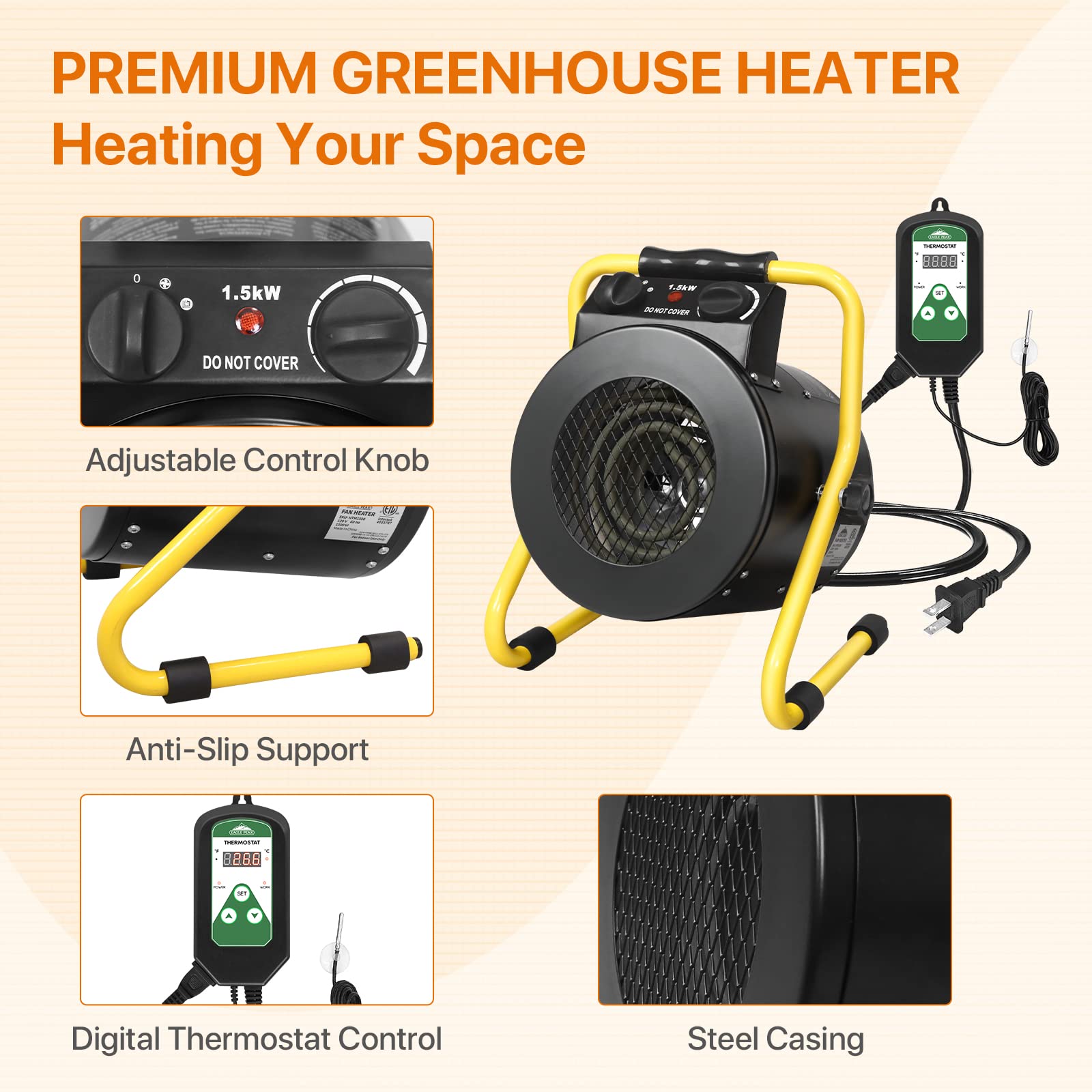 EAGLE PEAK 1500W Greenhouse Heater with Thermostat, Suitable for ...