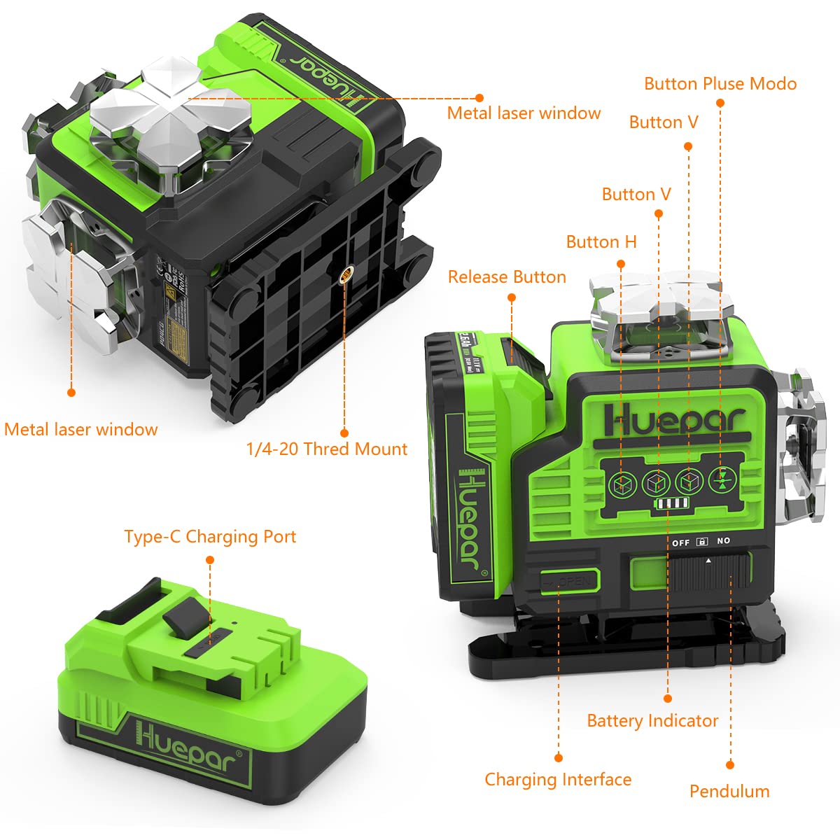 Huepar 4x360° Laser Level Self Leveling 4D Green Beam Bluetooth Connectivity Laser Tool-360 ...