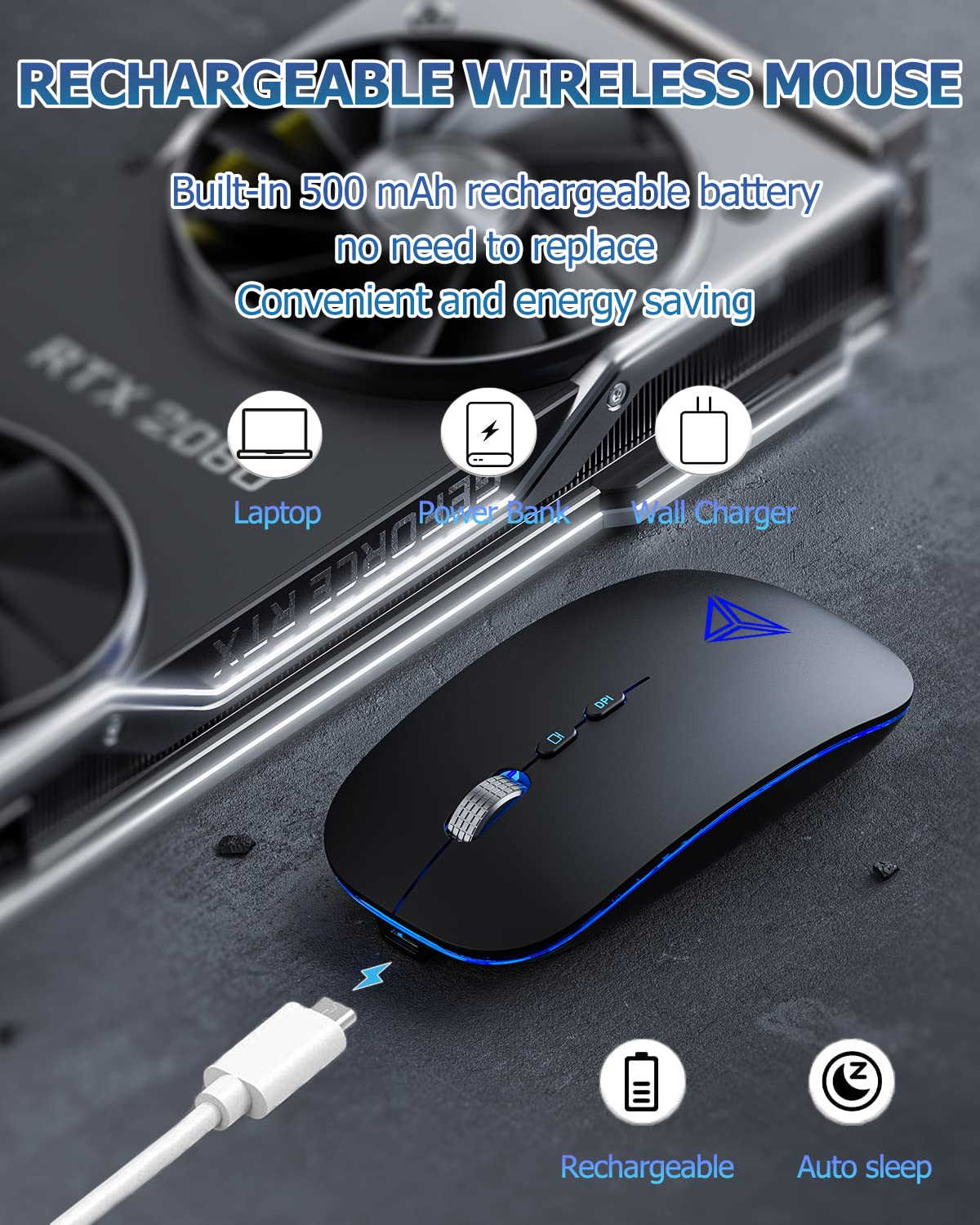 Uineer Bluetooth Mouse, LED Rechargeable Wireless Mouse(BT 5.1+2.4G ...