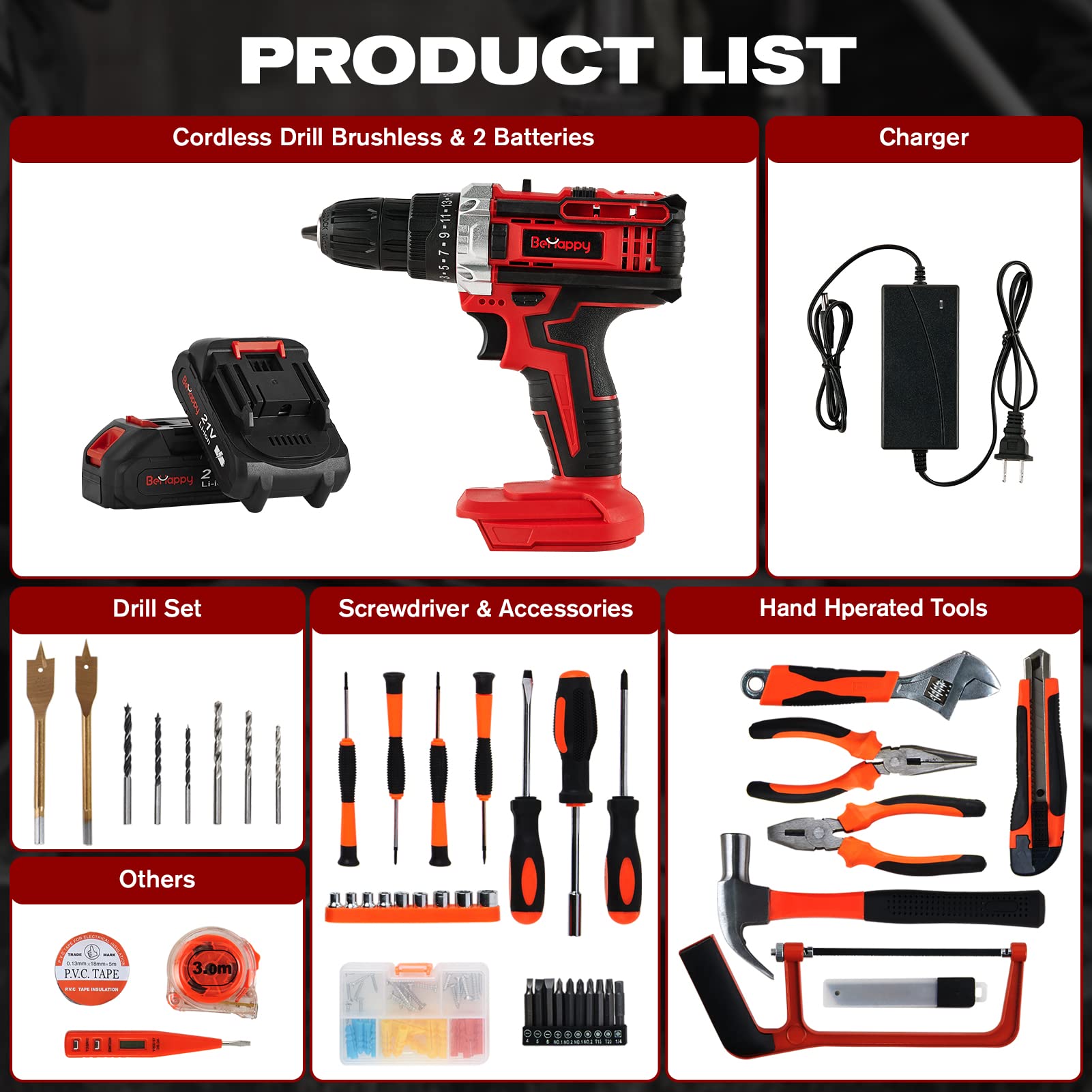 Behappy 43 Piece Power Tool Set Combo Kit with 21V Cordless Power Drill Driver, Home Tool Kit ...