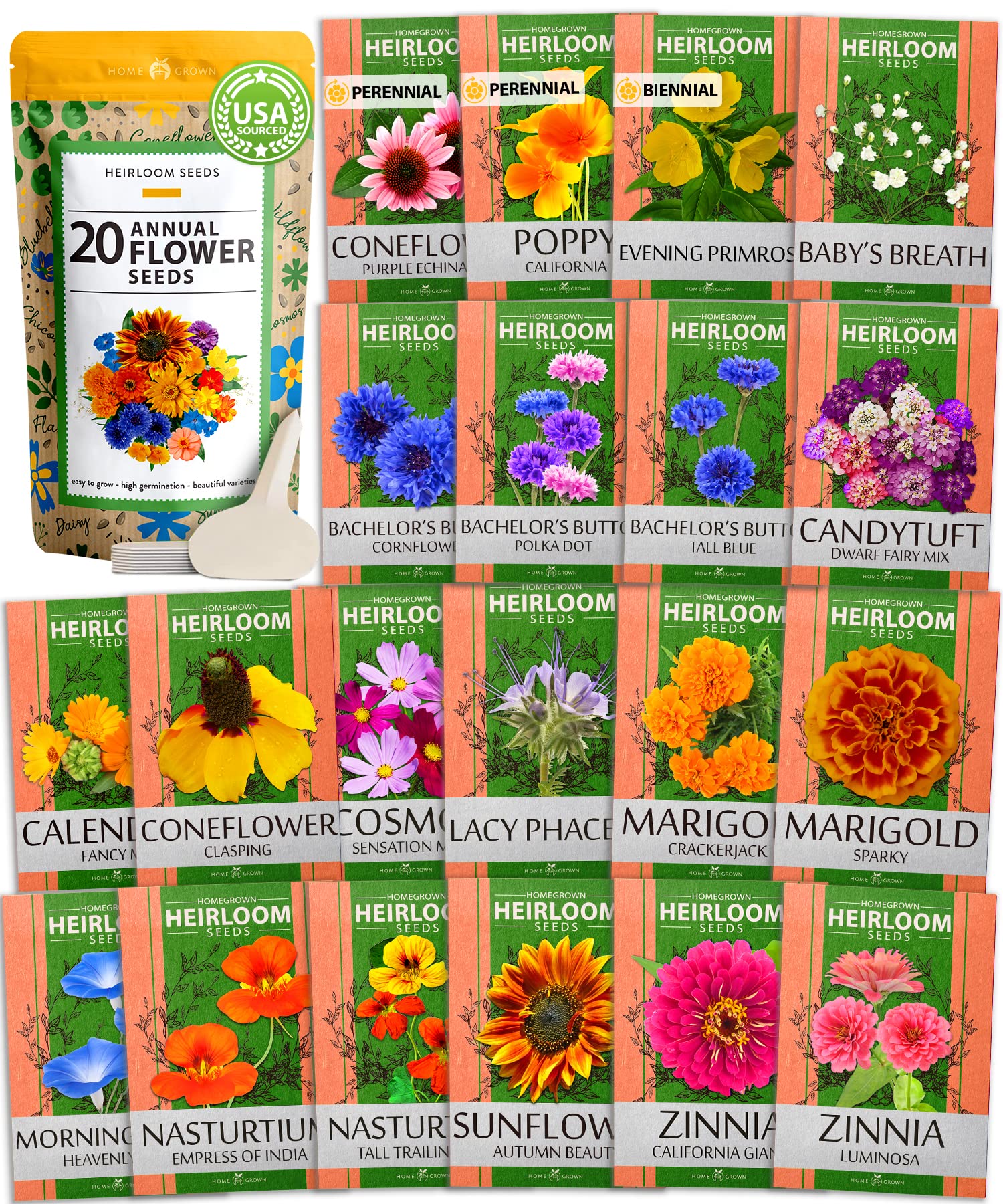 HOME GROWN 20 Flower Seeds Variety Pack - Individual Flowers Seeds for ...