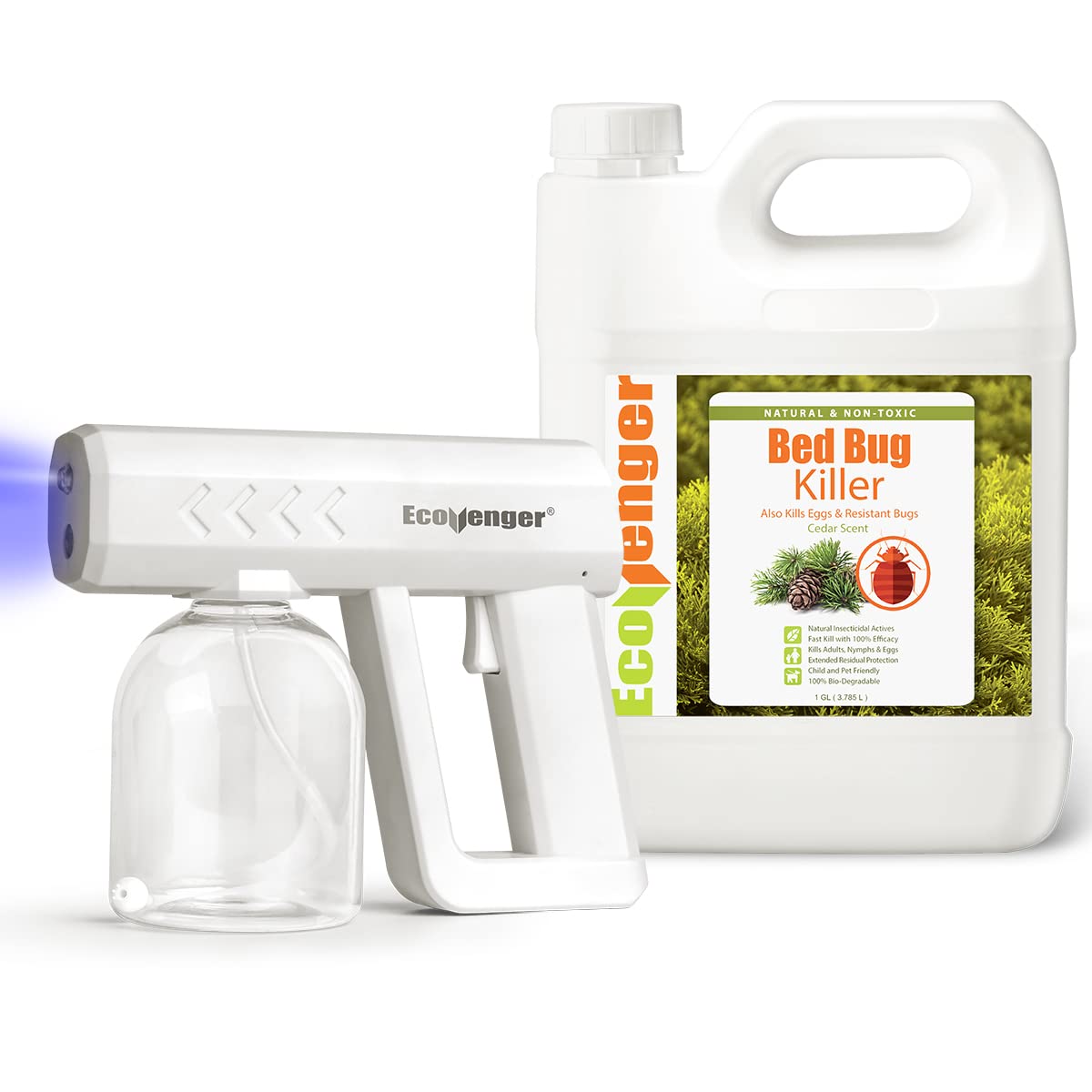 EcoRaider Natural Bed Bug Killer 1 GAL Plant Based Formula with EcoVenger Cordless Pistol ULV ...