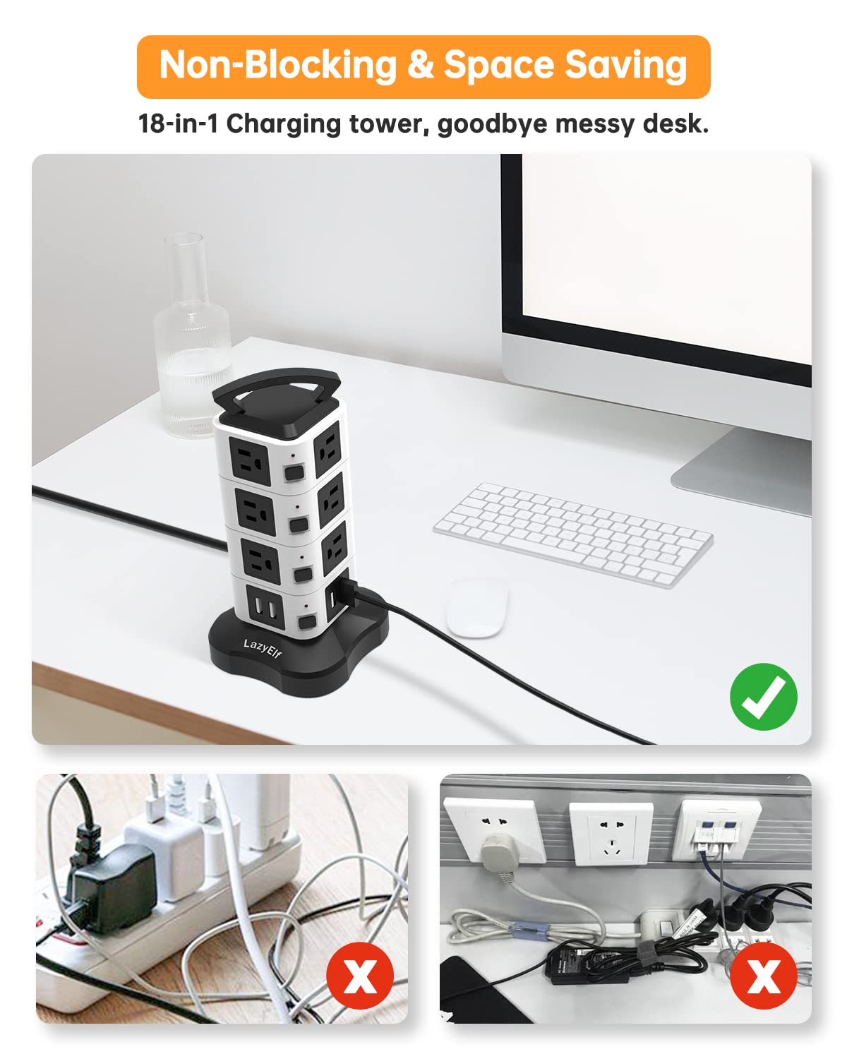 Surge Protector Power Strip Tower with Night Light, Lazy Elf Extension ...
