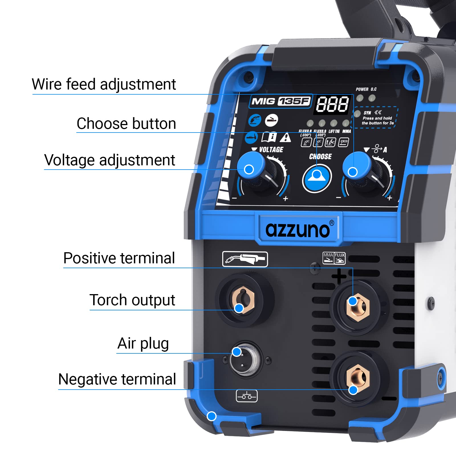 AZZUNO 135 Amp MIG Welder, 3 in 1 Multiprocess Welder 110V Flux Core Welder Flux MIG/Lift TIG ...