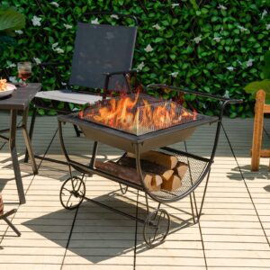 Tangkula Outdoor Fire Pit with Wheels and Firewood Log Rack, Patio Wood ...