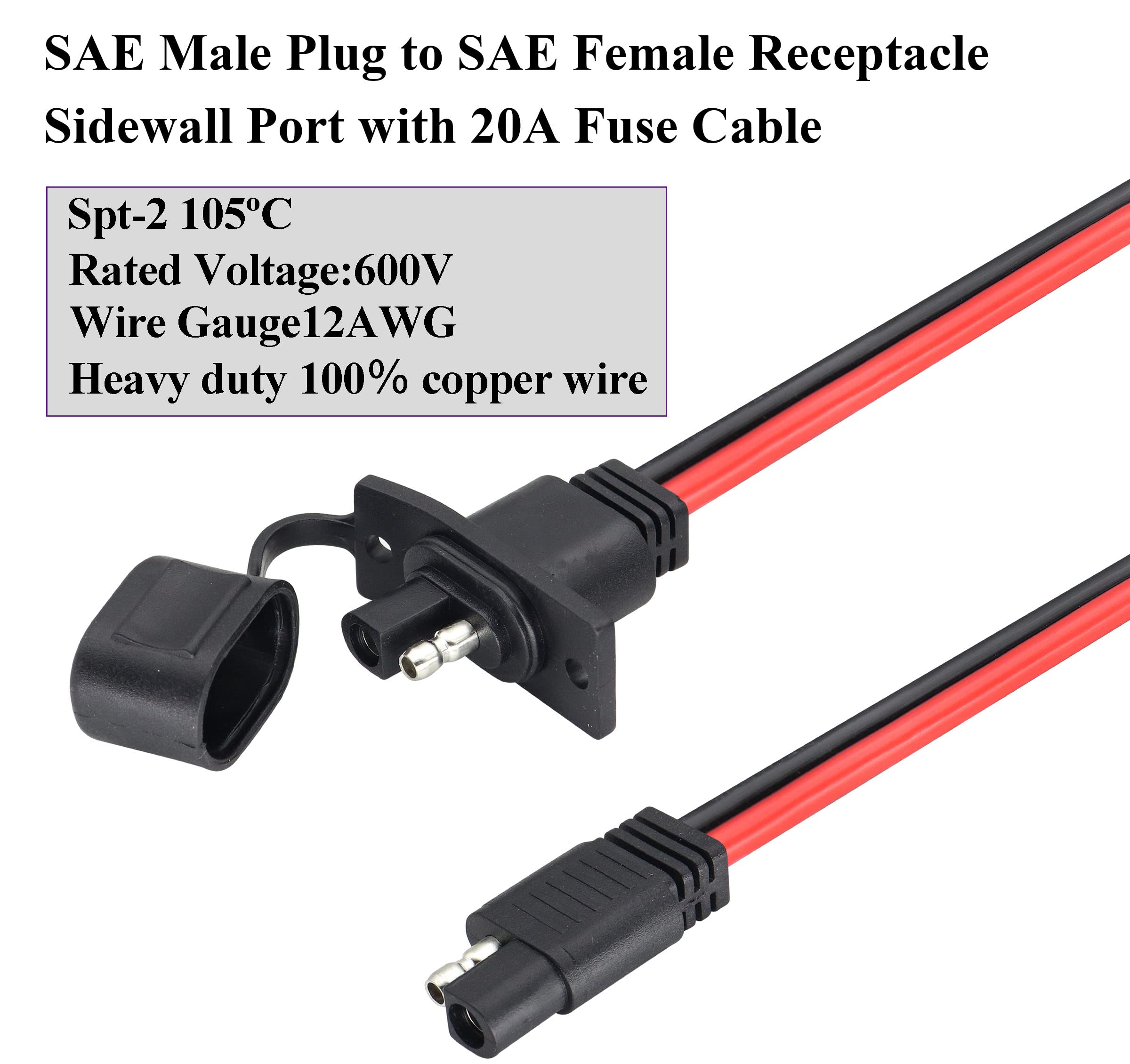 AAOTOKK SAE to SAE Solar Power Outlet Sidewall Port Cable,12AWG ...