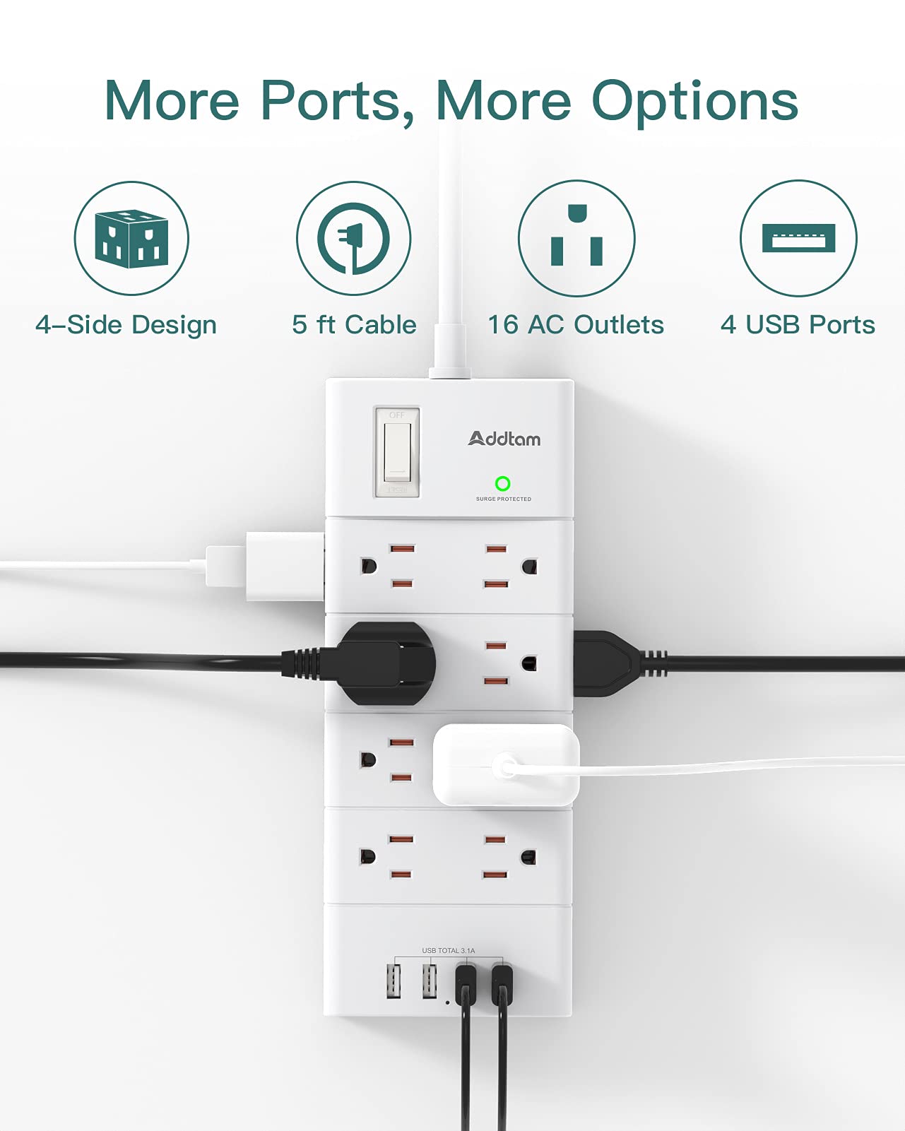 Power Strip Surge Protector - Addtam 16 Outlets(4-Side) and 4 USB Ports ...