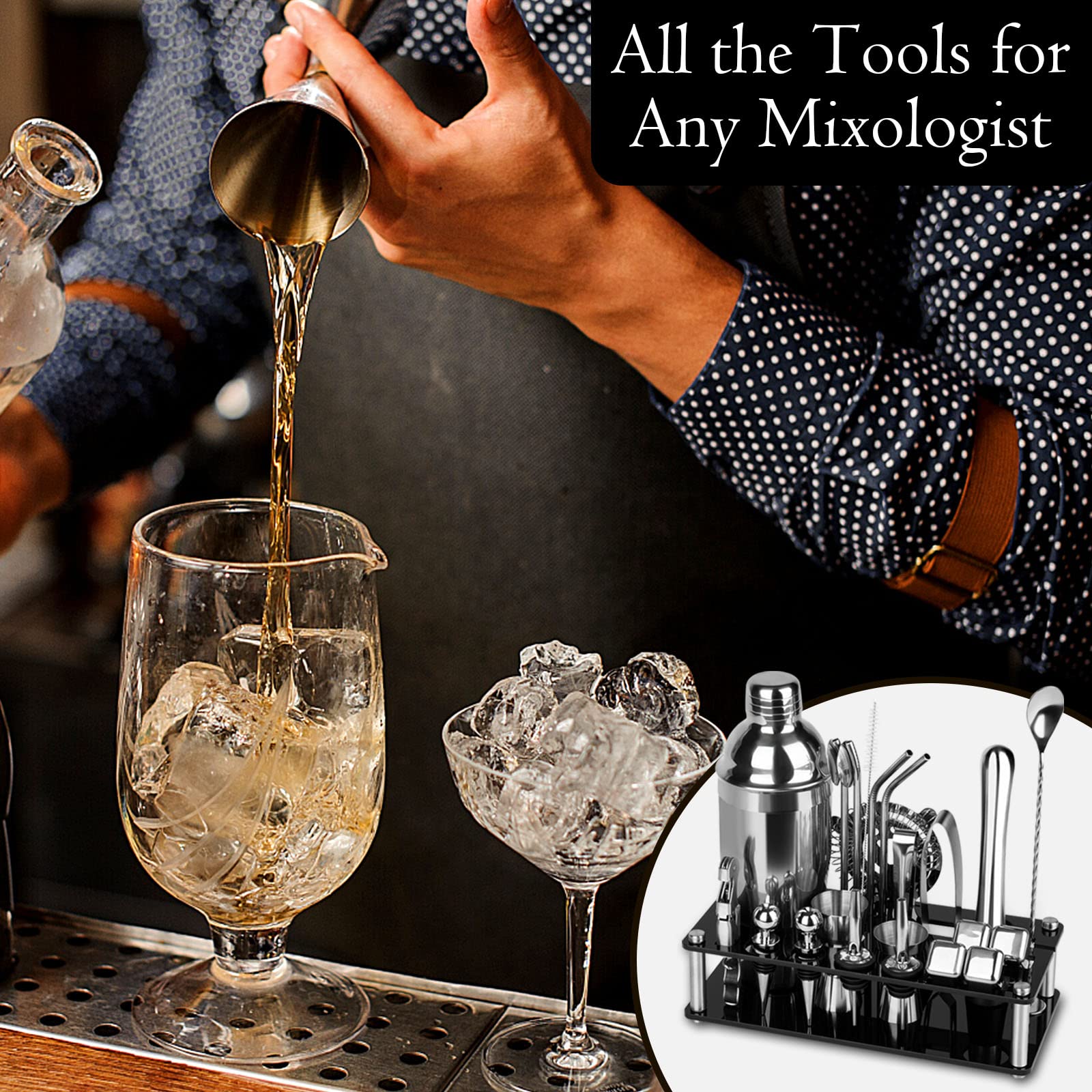 Farafox Cocktail Shaker Set Bartender Kit,23 PCS Bar Tool Set with Acrylic Stand, Professional ...