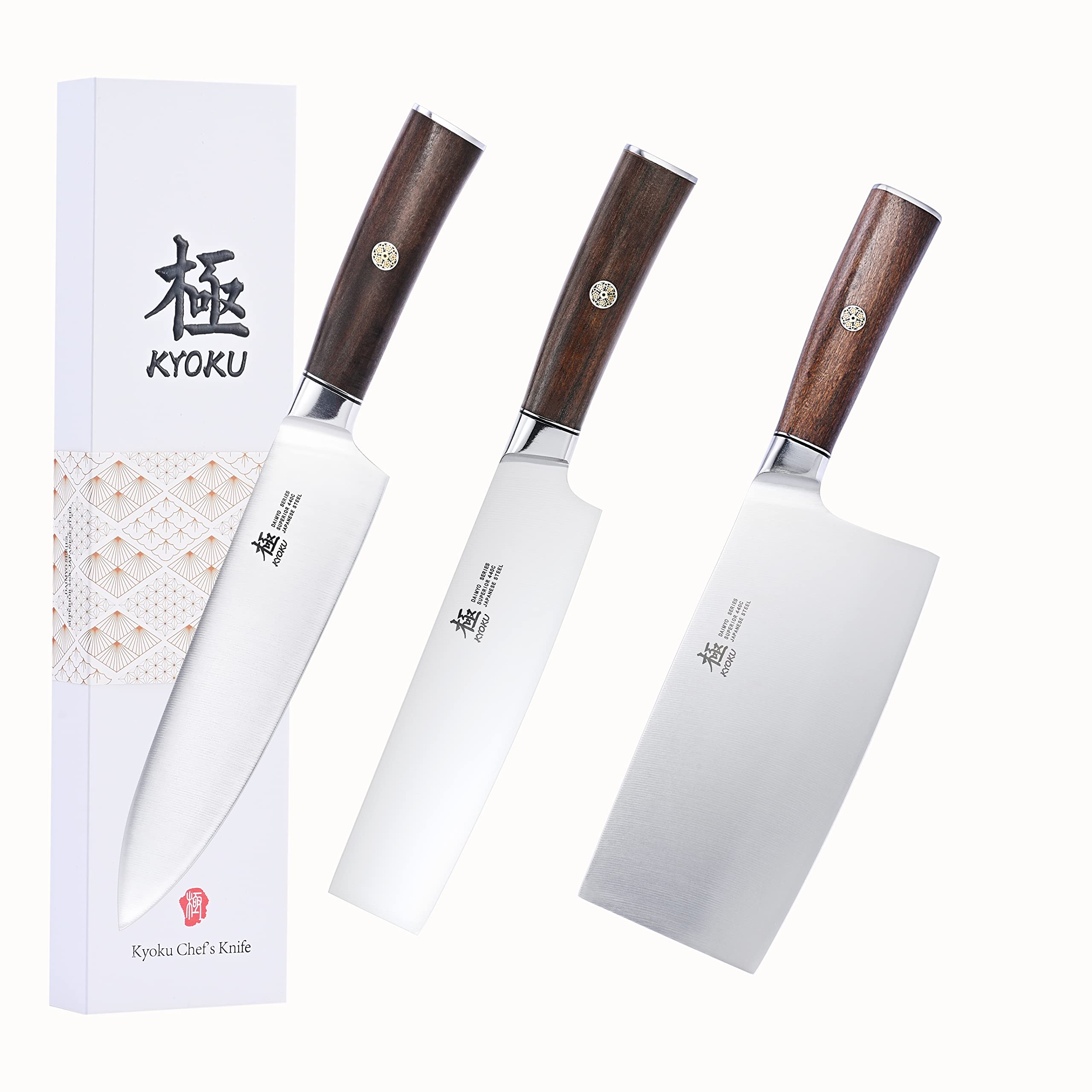 KYOKU Daimyo Series 7" Cleaver Knife + 7'' Nakiri Knife + 8'' Chef Knife - Japanese 440C ...