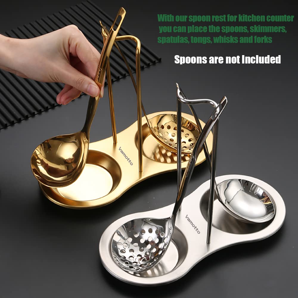 Vamotto Vertical Spoon Rest Holder with Two Resting Dishes, Stainless ...